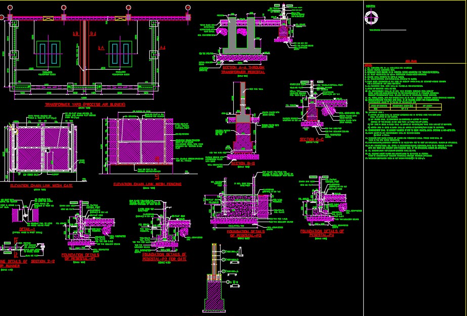 Transformer Foundation Layout and Detail Drawing with Fencing